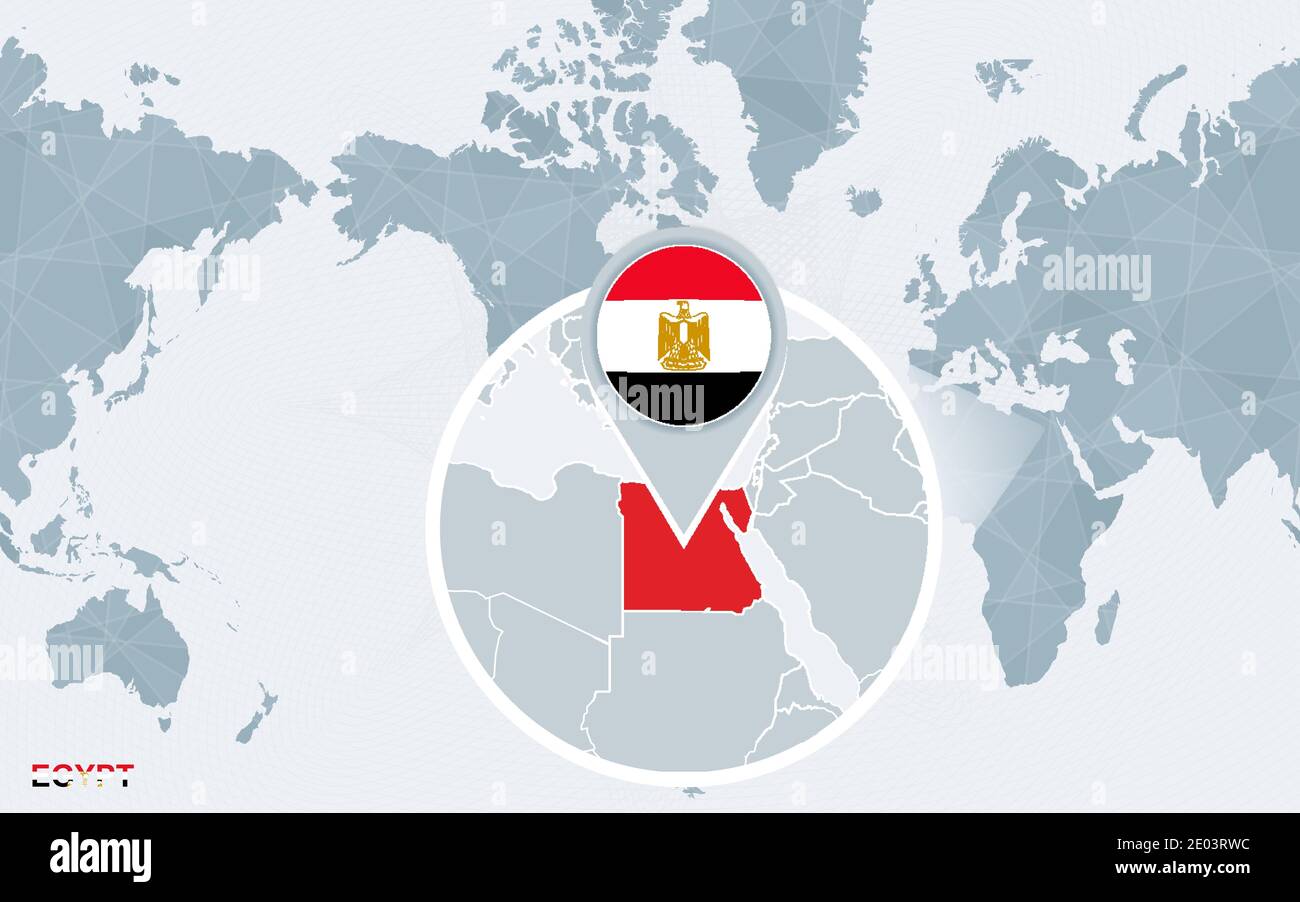World map centered on America with magnified Egypt. Blue flag and map ...