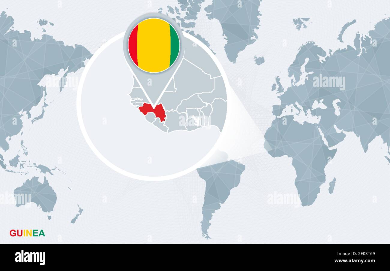 World map centered on America with magnified Guinea. Blue flag and map ...