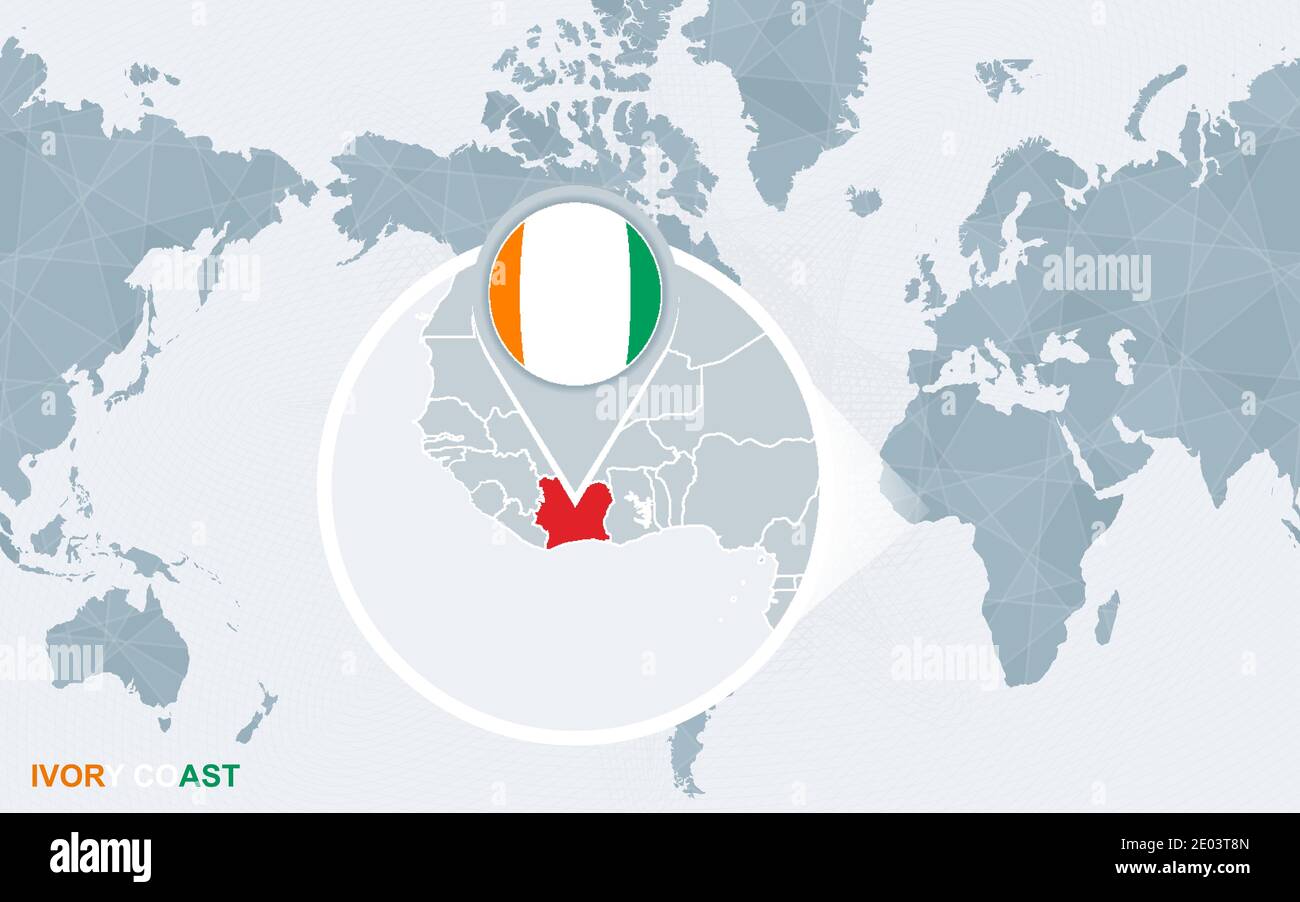World map centered on America with magnified Ivory Coast. Blue flag and map of Ivory Coast ...