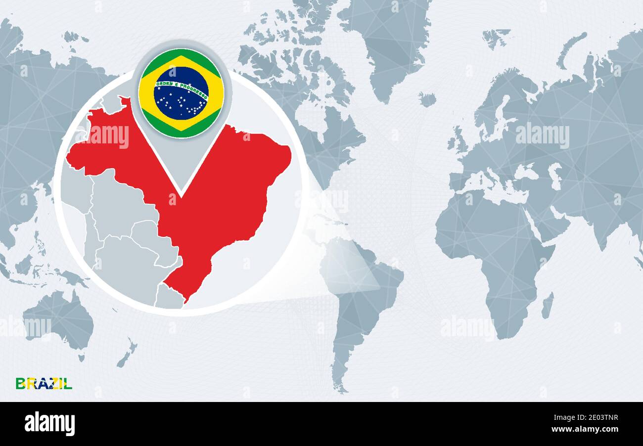 World map centered on America with magnified Brazil. Blue flag and map ...