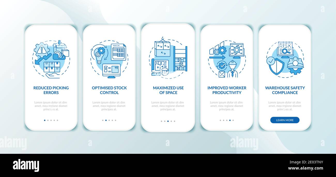 Warehouse organization and optimization blue onboarding mobile app page ...