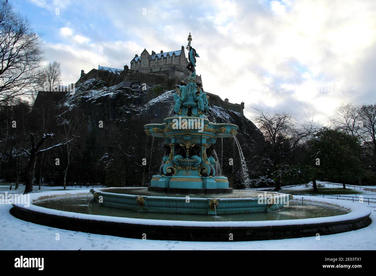 Ross Fountain and Edinburgh Castle Rock on a Winter Day With Snow on ...