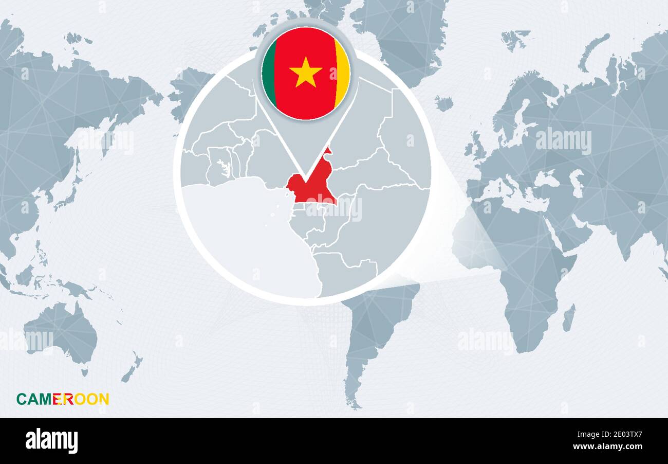 World map centered on America with magnified Cameroon. Blue flag and ...