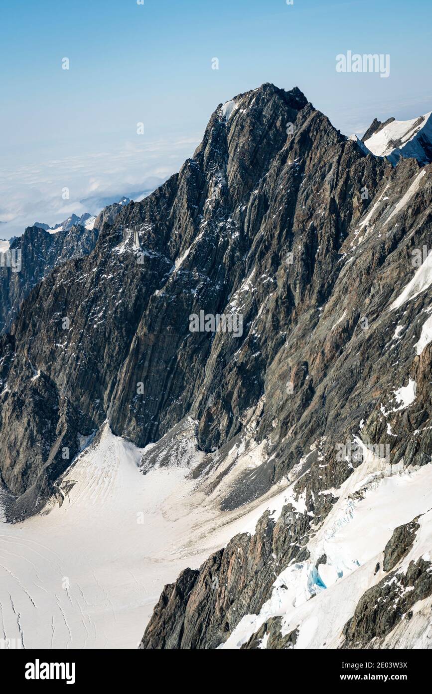 Aerial view of mountain covered with snow, Mt. Cook National Park, New ...