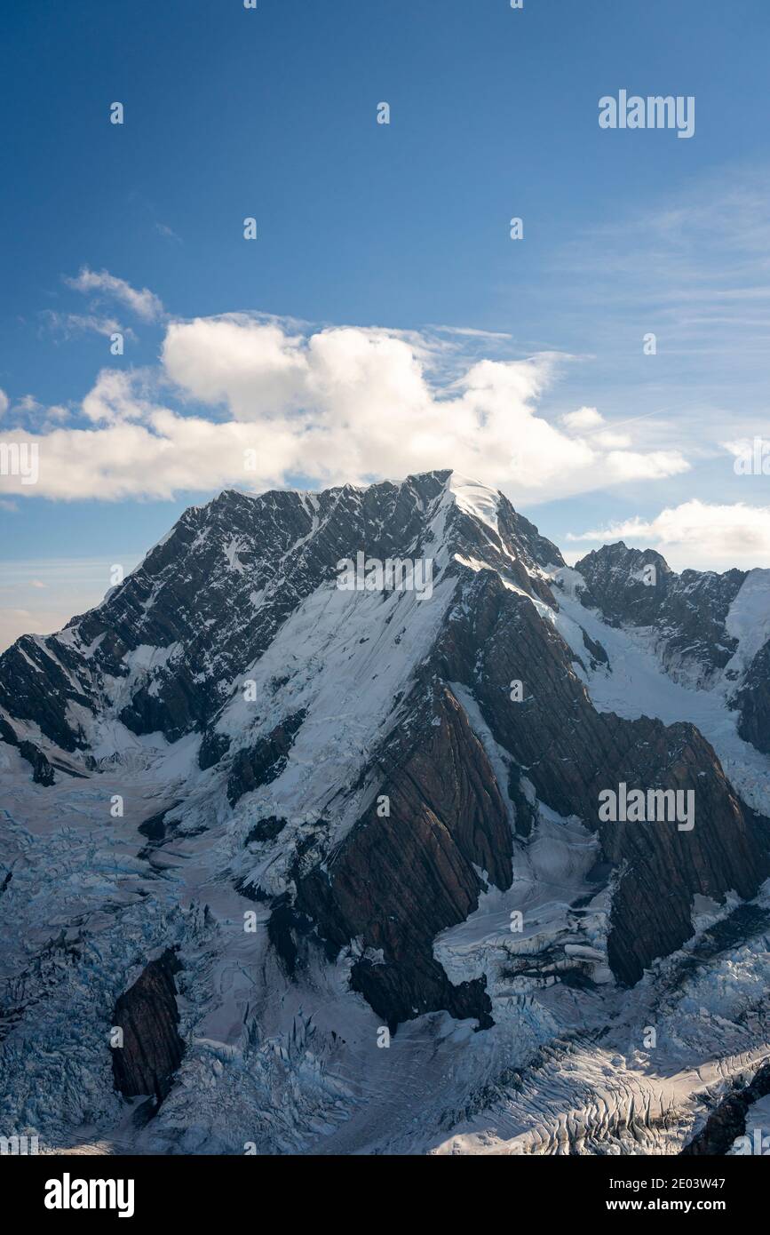 Aerial view of mountain covered with snow, Mt. Cook National Park, New ...