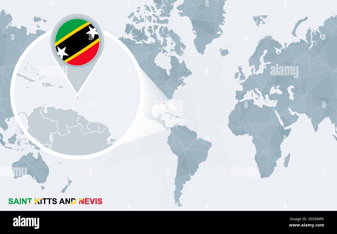 World map centered on America with magnified Saint Kitts and Nevis ...