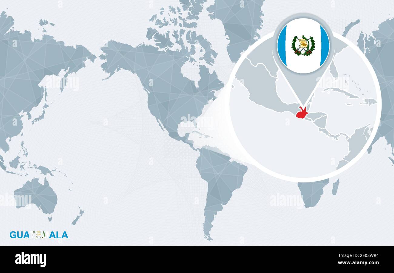 World map centered on America with magnified Guatemala. Blue flag and ...