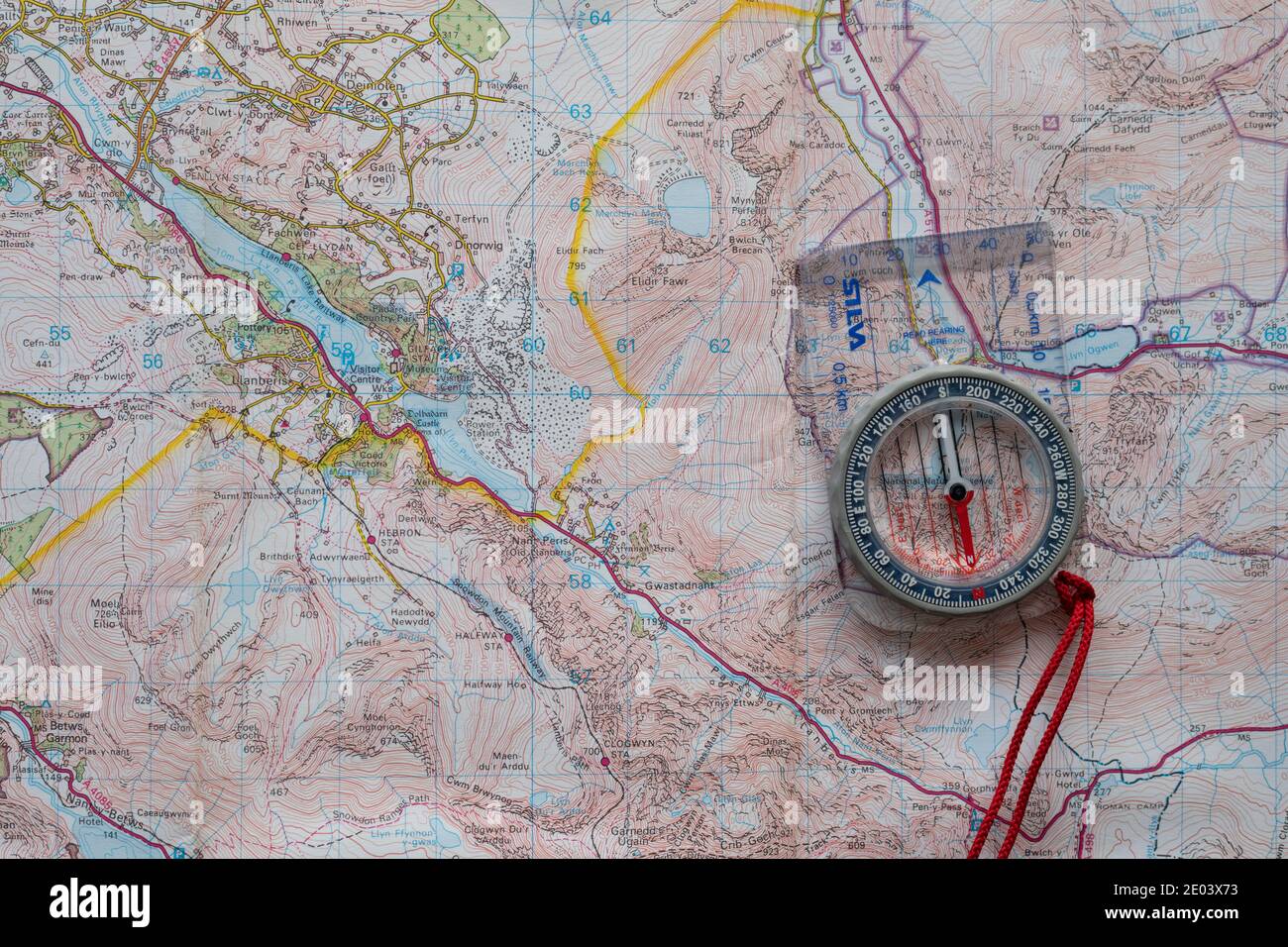 Top down, map and compass, navigation tools Stock Photo - Alamy