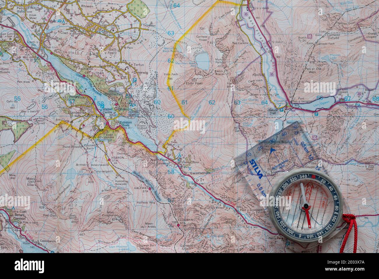 Top down, map and compass, navigation tools Stock Photo - Alamy