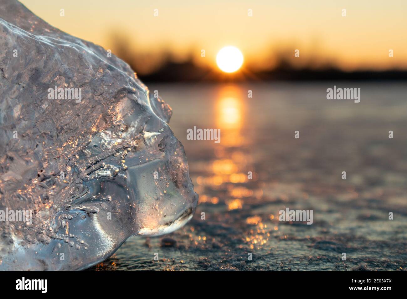 Transparent shining clear ice close-up sparkling on frozen wild lake ...