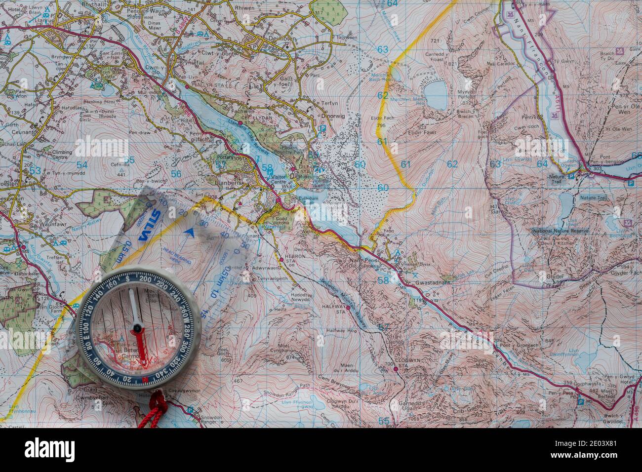 Top down, map and compass, navigation tools Stock Photo - Alamy