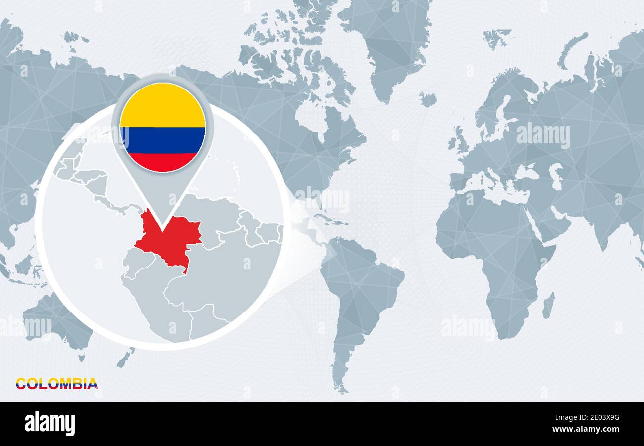 World map centered on America with magnified Colombia. Blue flag and ...