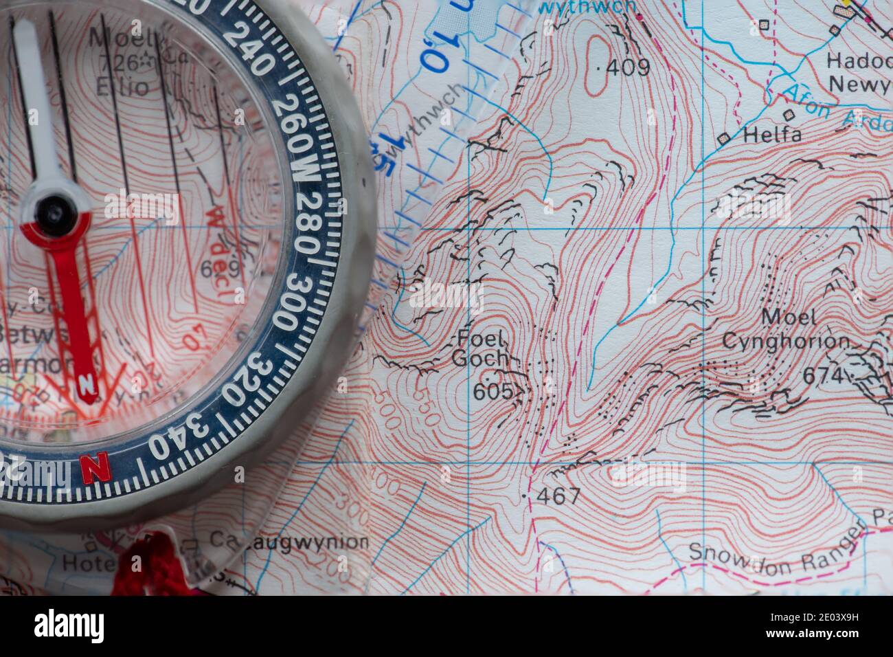 Top down, close up, map and compass, navigation tools Stock Photo - Alamy
