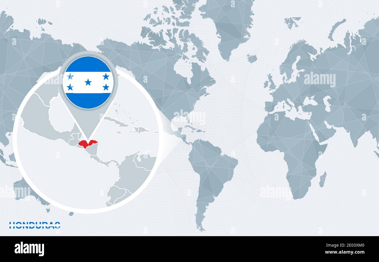 World map centered on America with magnified Honduras. Blue flag and map of Honduras. Abstract ...