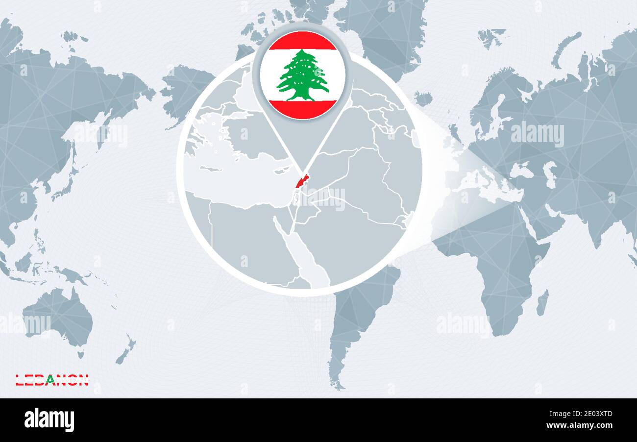 World map centered on America with magnified Lebanon. Blue flag and map ...