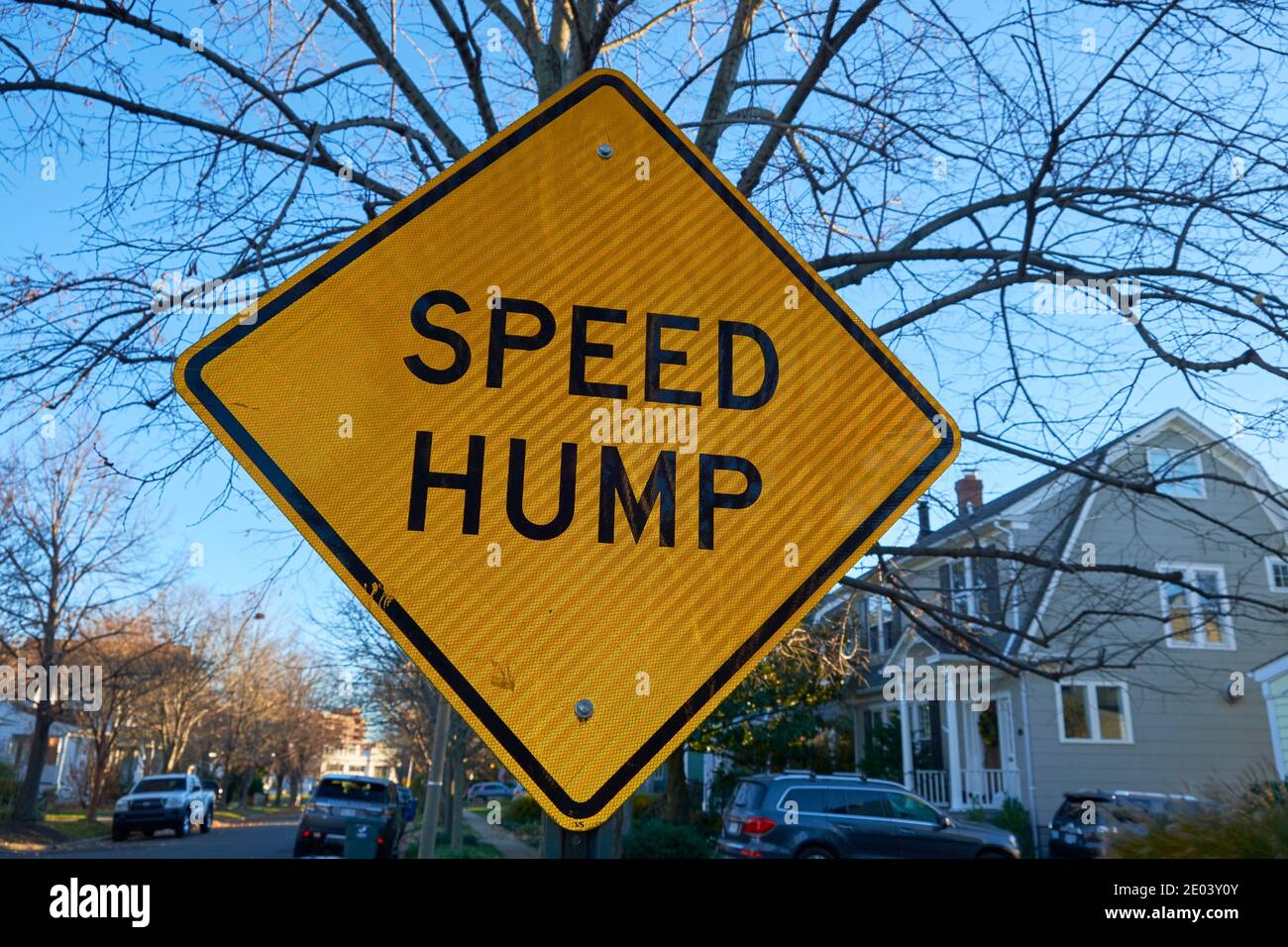 A metal yellow, diamond-shaped warning traffic sign for Speed Hump. In ...