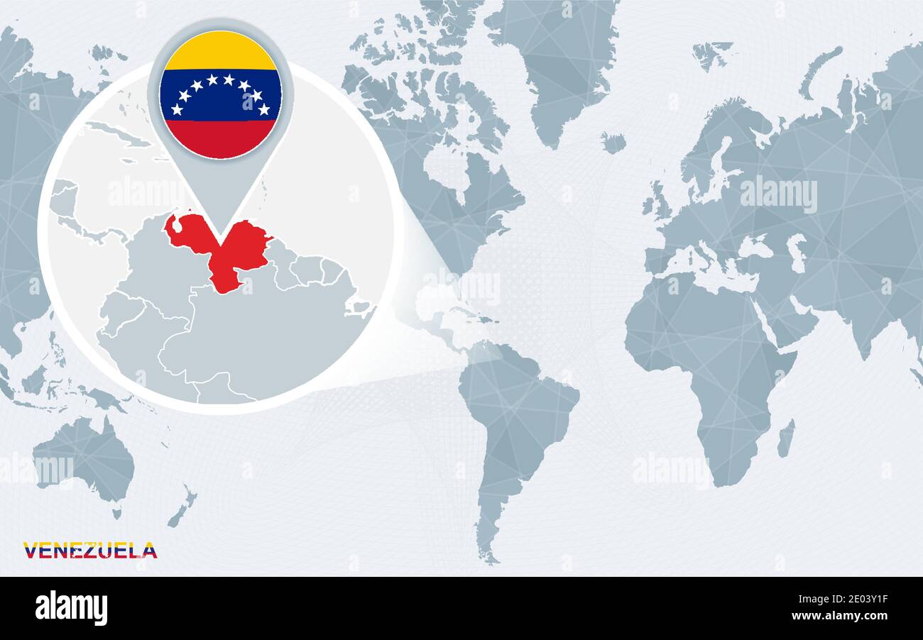 World map centered on America with magnified Venezuela. Blue flag and ...