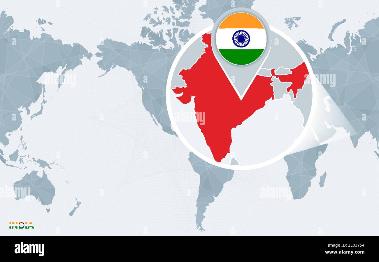 World map centered on America with magnified India. Blue flag and map ...