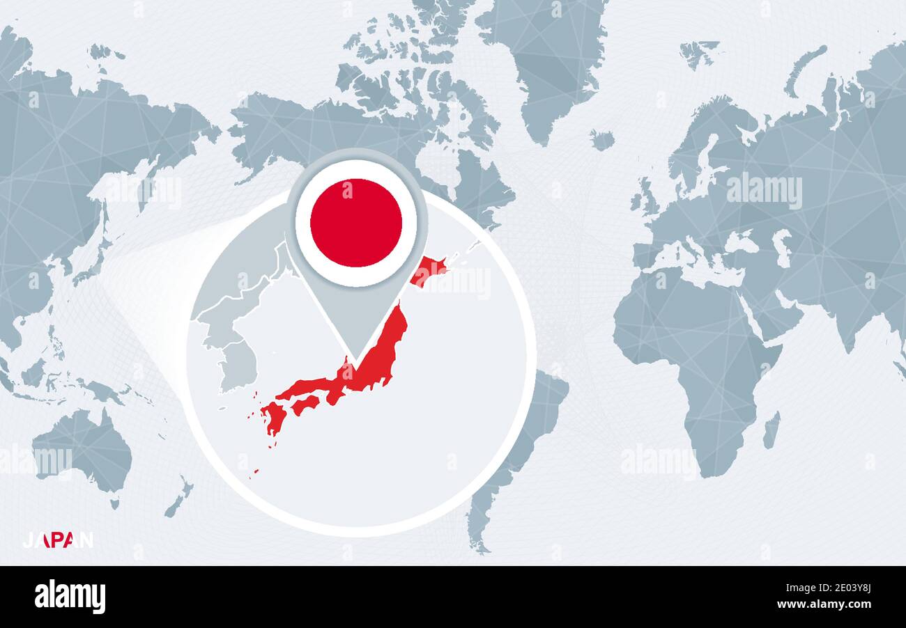 World map centered on America with magnified Japan. Blue flag and map ...