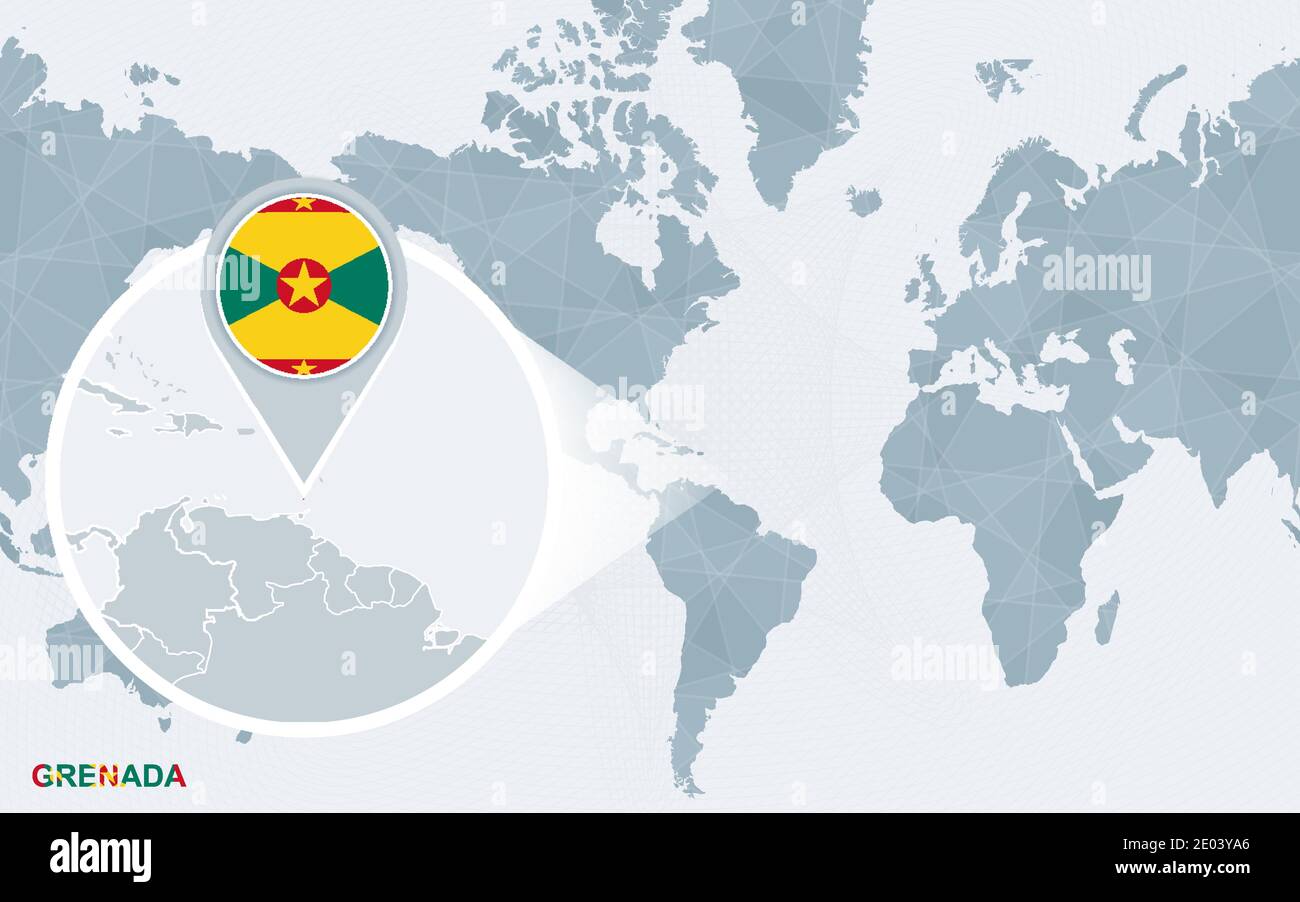 World map centered on America with magnified Grenada. Blue flag and map ...