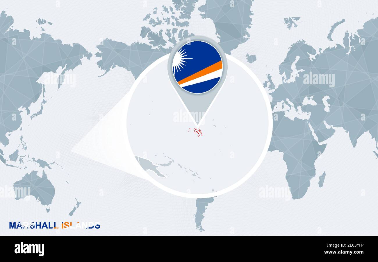 World map centered on America with magnified Marshall Islands. Blue flag and map of Marshall ...