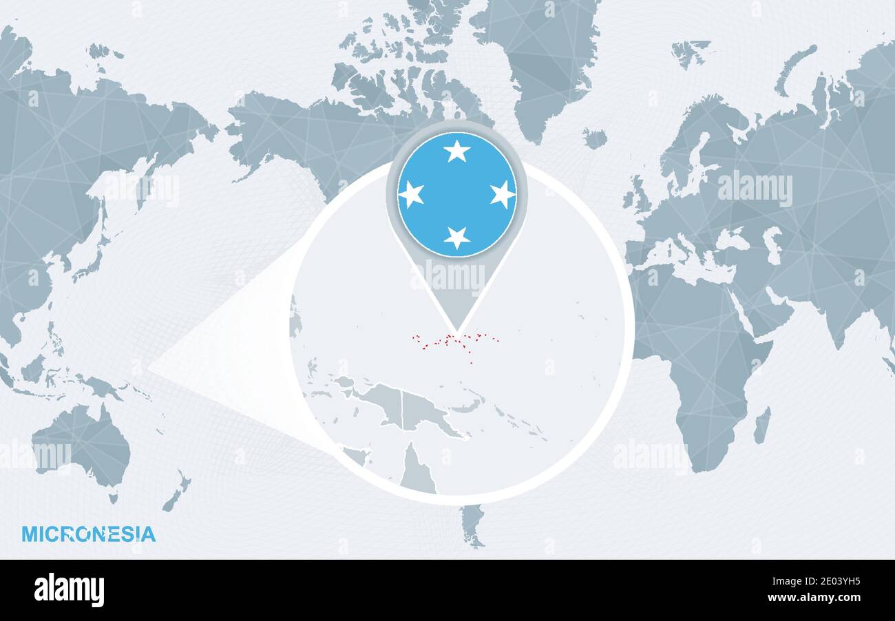 World map centered on America with magnified Micronesia. Blue flag and ...