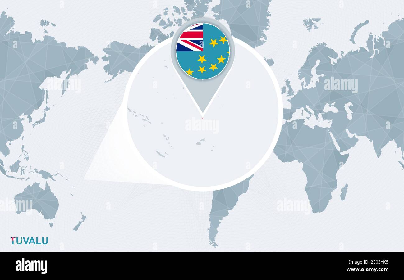 World map centered on America with magnified Tuvalu. Blue flag and map of Tuvalu. Abstract ...