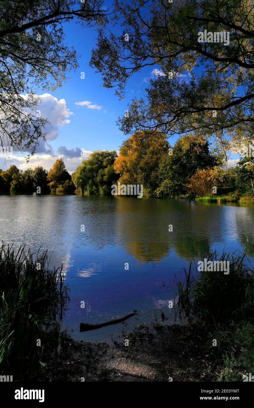Autumn colours over the lake at Barnwell Country Park, Oundle town ...