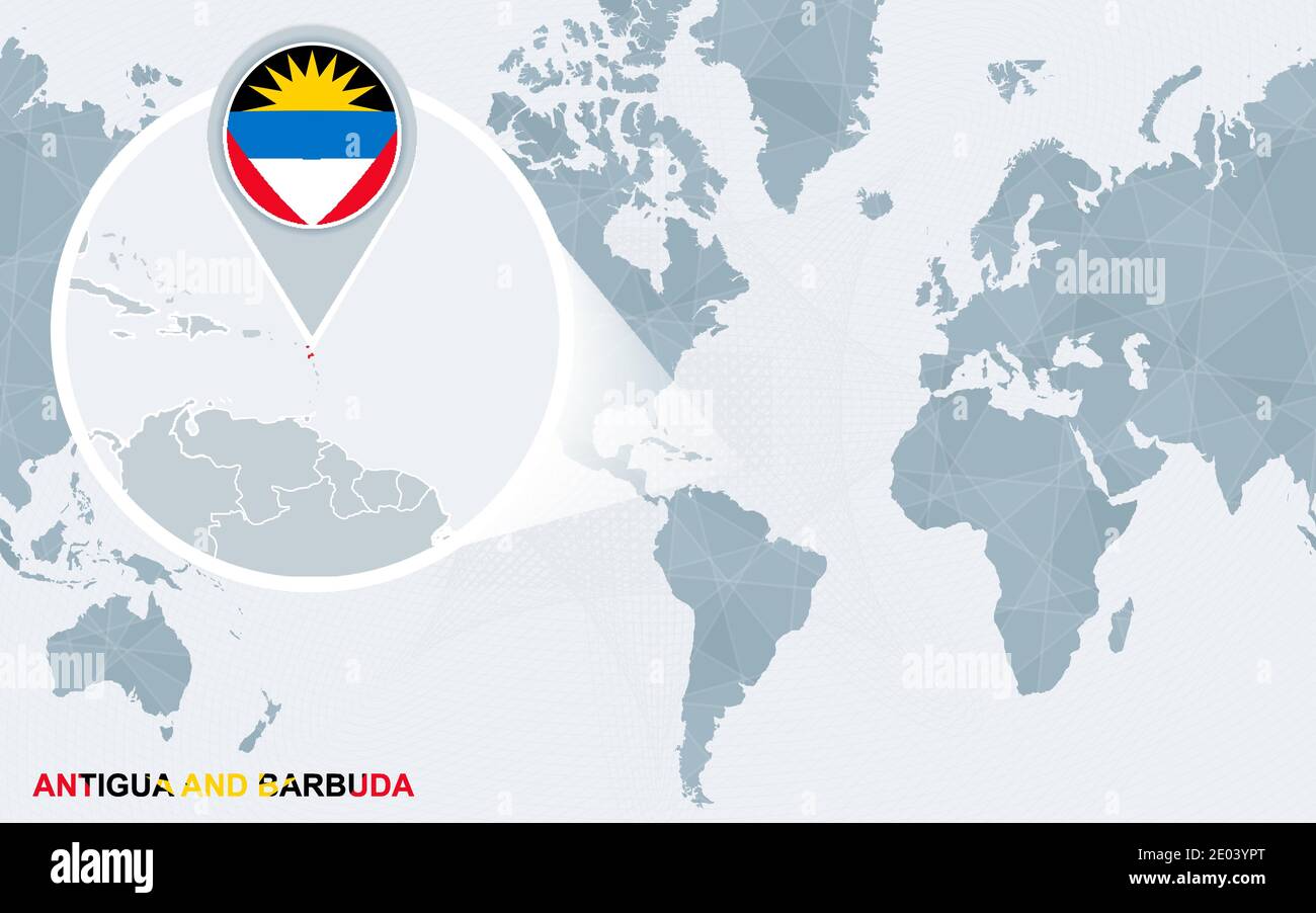 World map centered on America with magnified Antigua and Barbuda. Blue ...