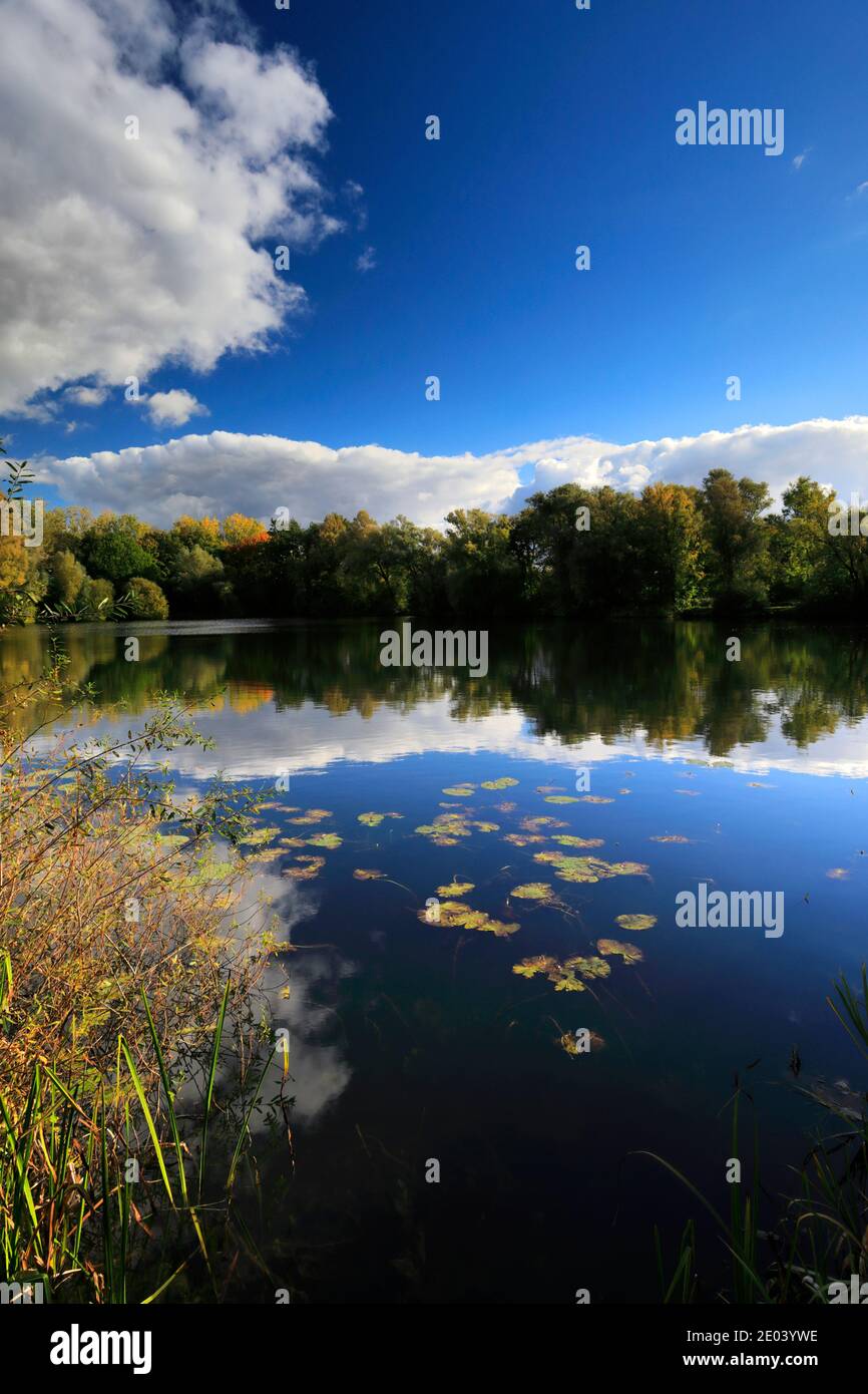 Autumn colours over the lake at Barnwell Country Park, Oundle town ...
