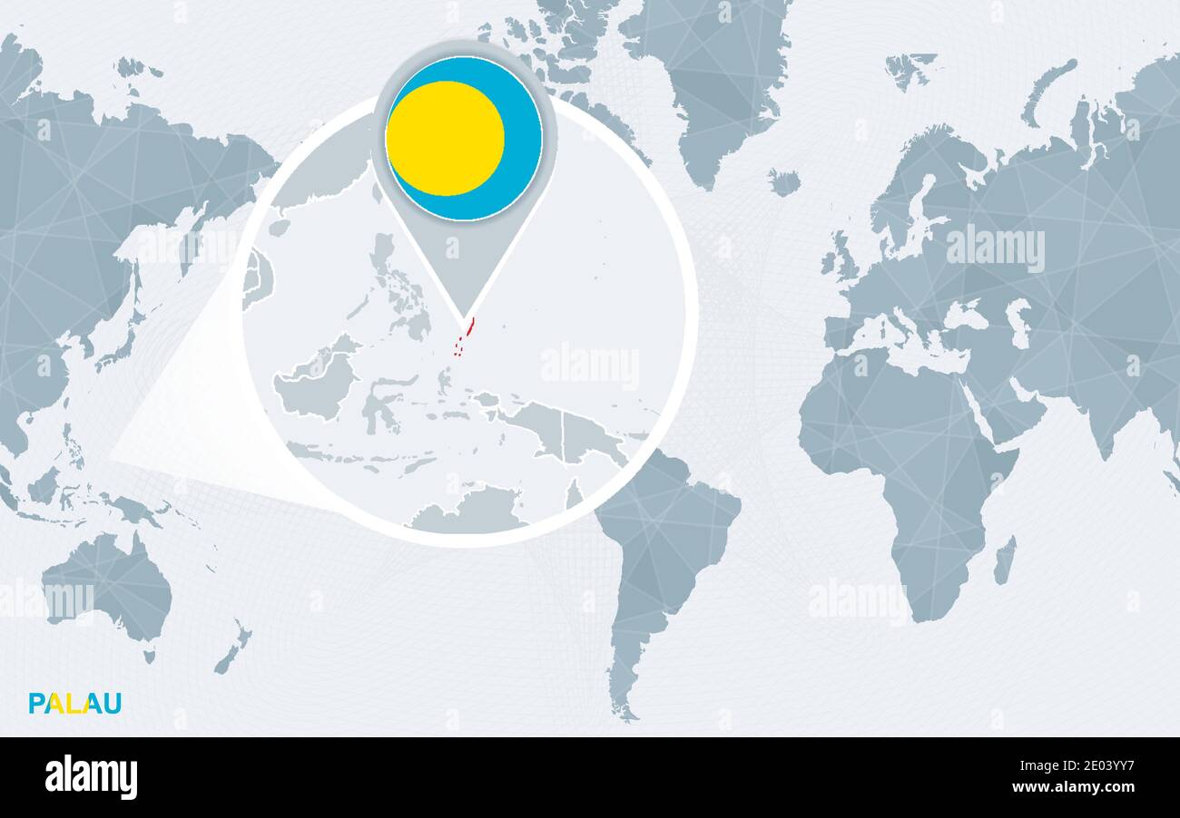 World map centered on America with magnified Palau. Blue flag and map ...