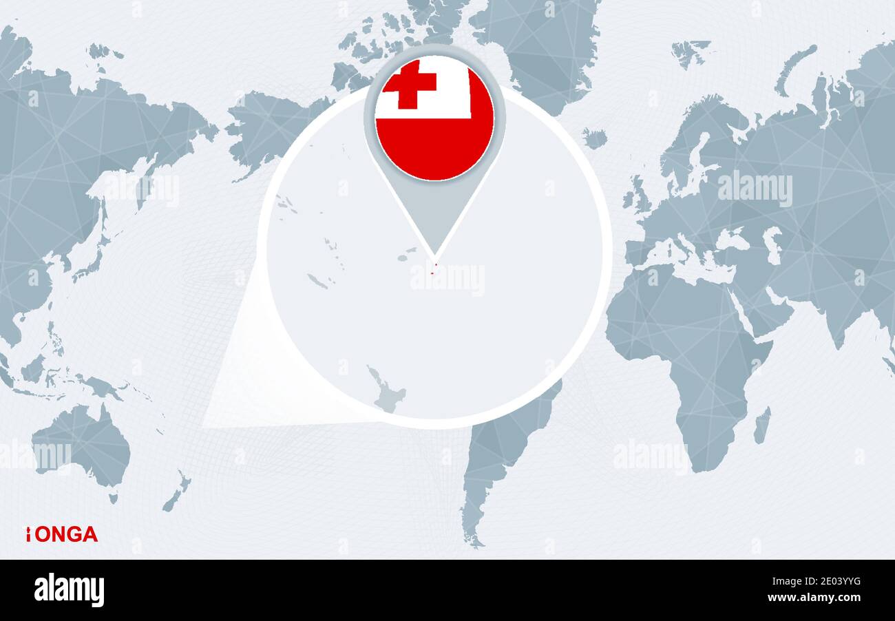 World map centered on America with magnified Tonga. Blue flag and map ...