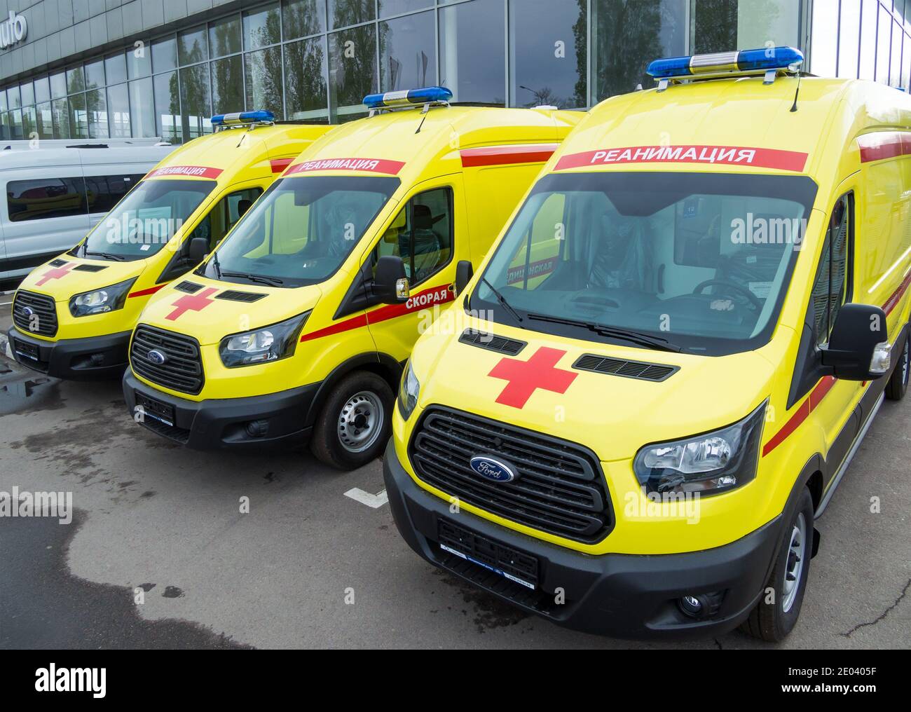 Russia, Voronezh - May 04, 2020: New medical ambulances are in row ...