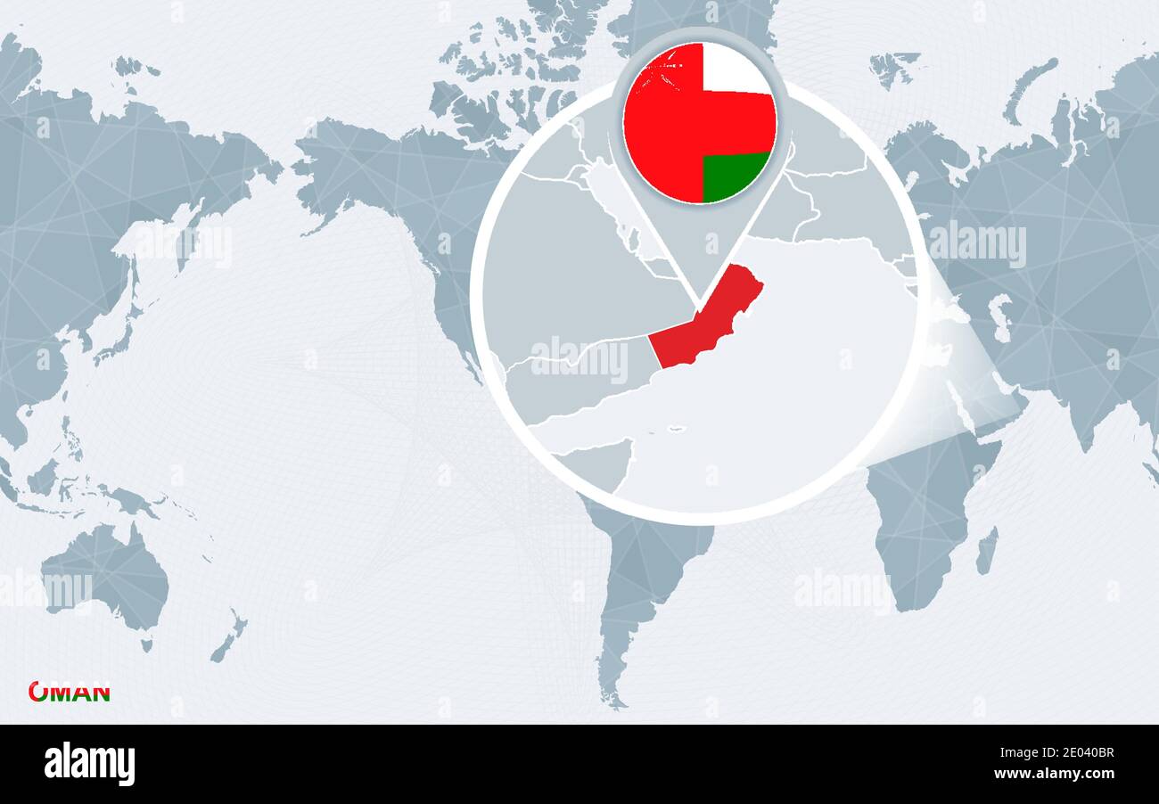 World map centered on America with magnified Oman. Blue flag and map of ...