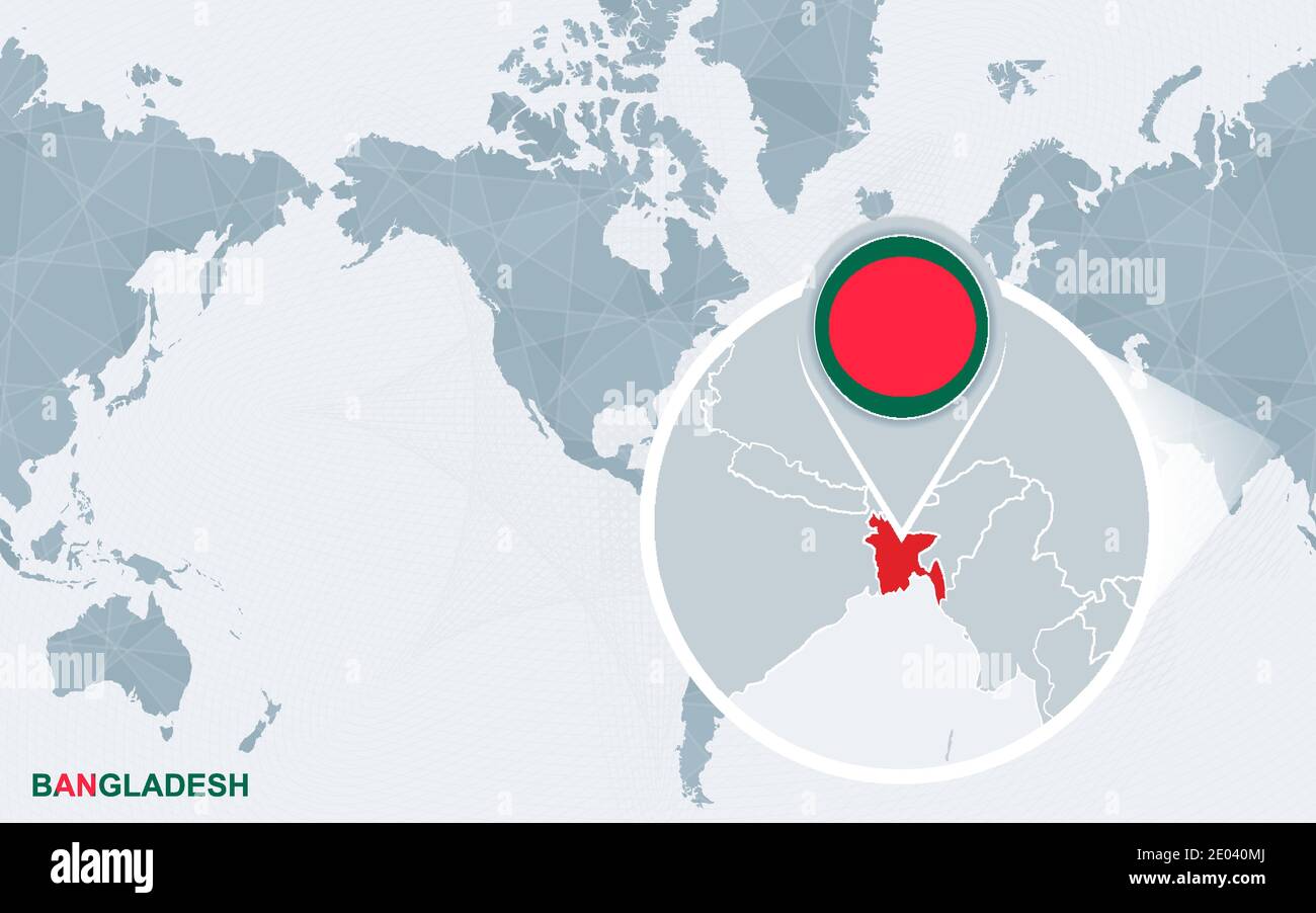 World map centered on America with magnified Bangladesh. Blue flag and ...