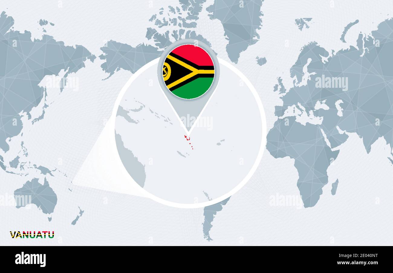 World map centered on America with magnified Vanuatu. Blue flag and map of Vanuatu. Abstract ...