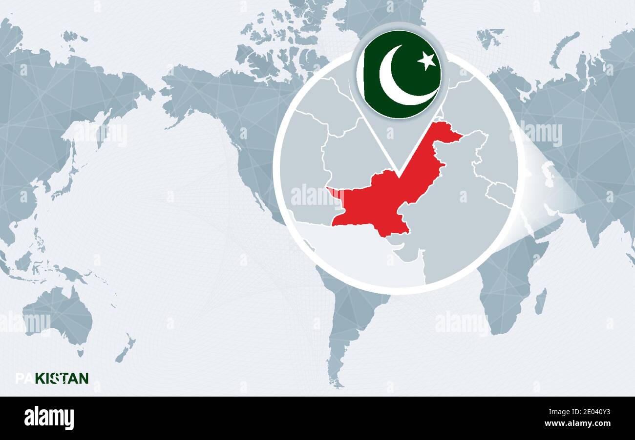 World map centered on America with magnified Pakistan. Blue flag and ...