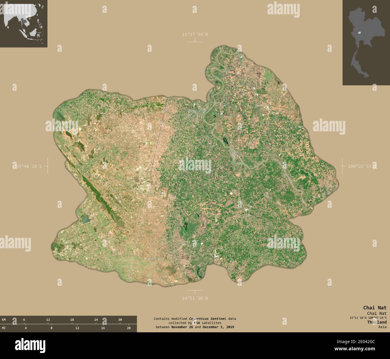 Chai Nat, province of Thailand. Sentinel-2 satellite imagery. Shape ...