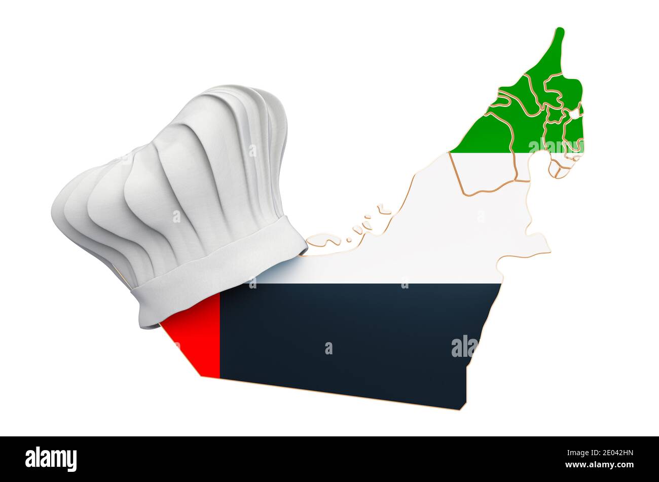 UAE national cuisine concept. Chef hat with map of the UAE. 3D ...