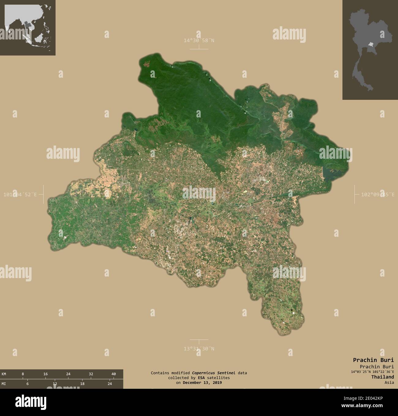 Prachin Buri, province of Thailand. Sentinel-2 satellite imagery. Shape ...