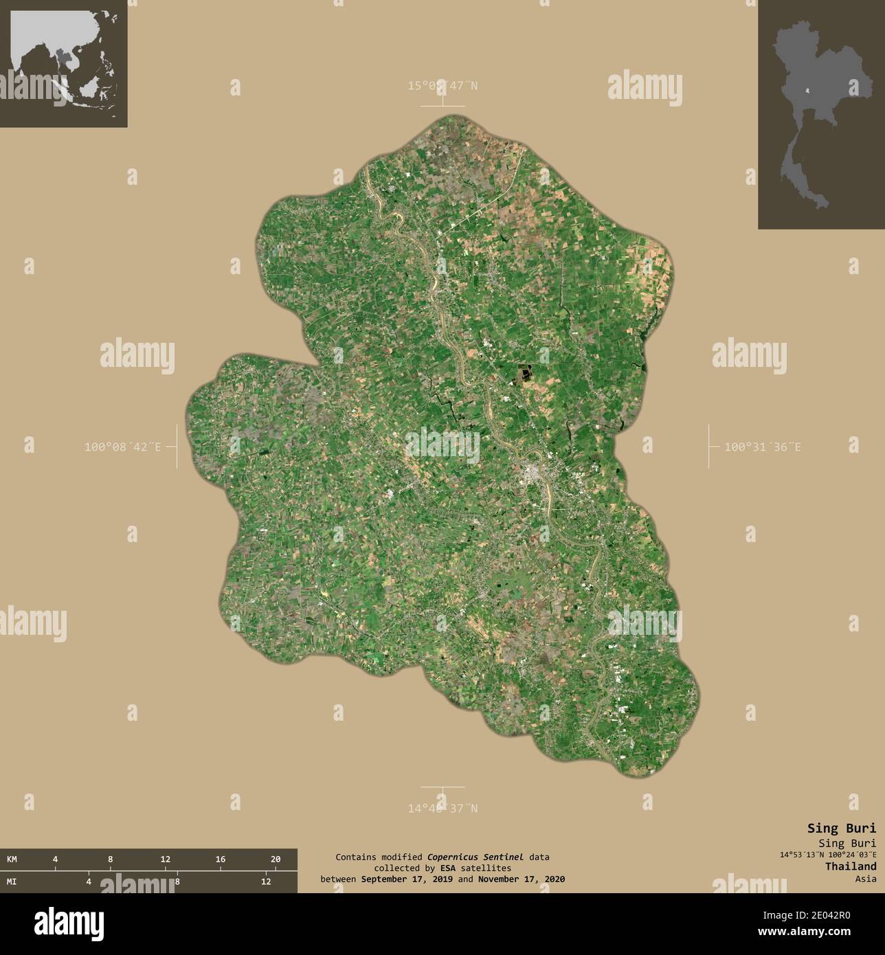 Sing Buri, province of Thailand. Sentinel-2 satellite imagery. Shape ...