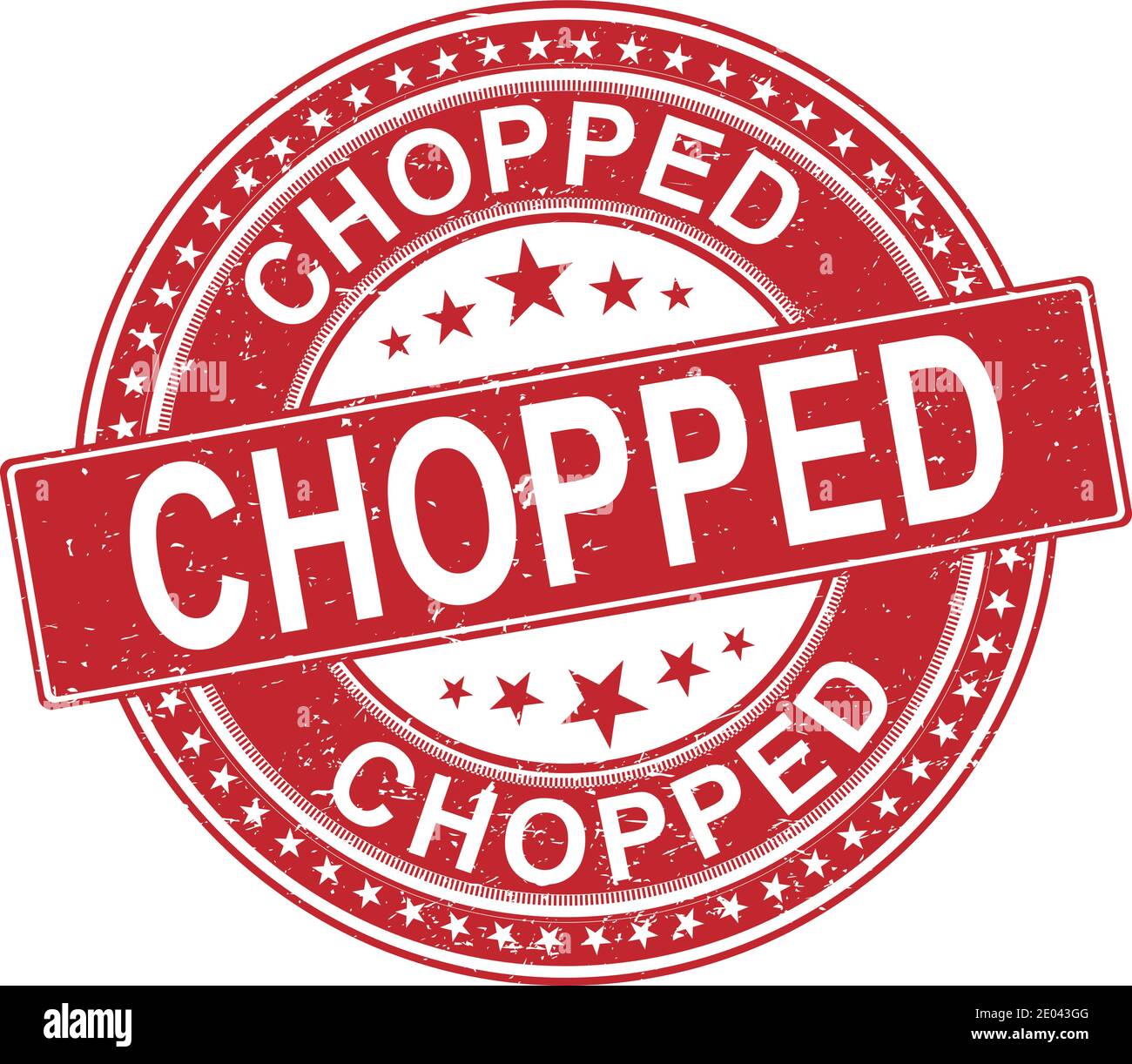 Grunge red chopped word with star icon round rubber seal stamp on white ...