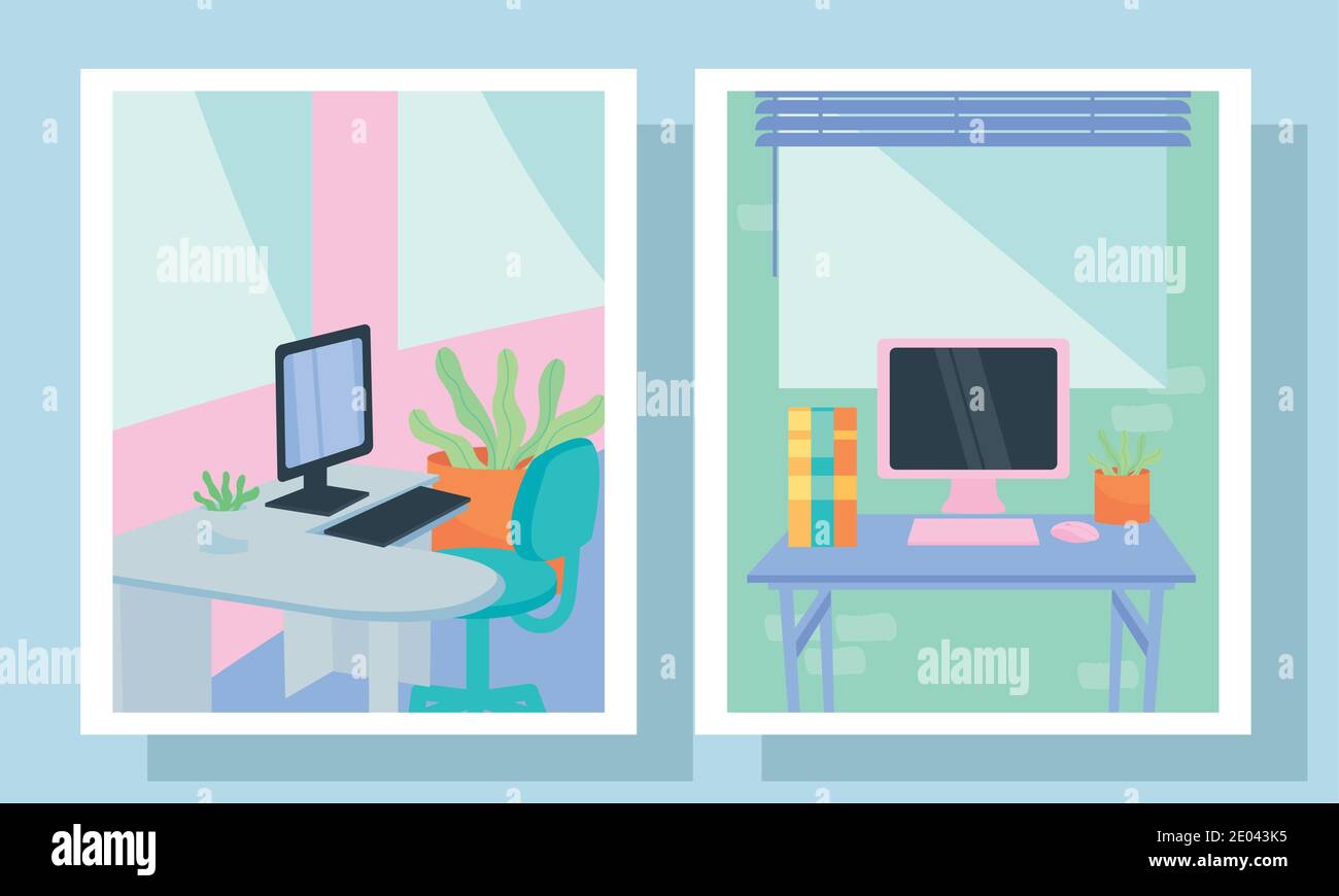 workplaces icon bundle in frames design, work office and telecommuting ...