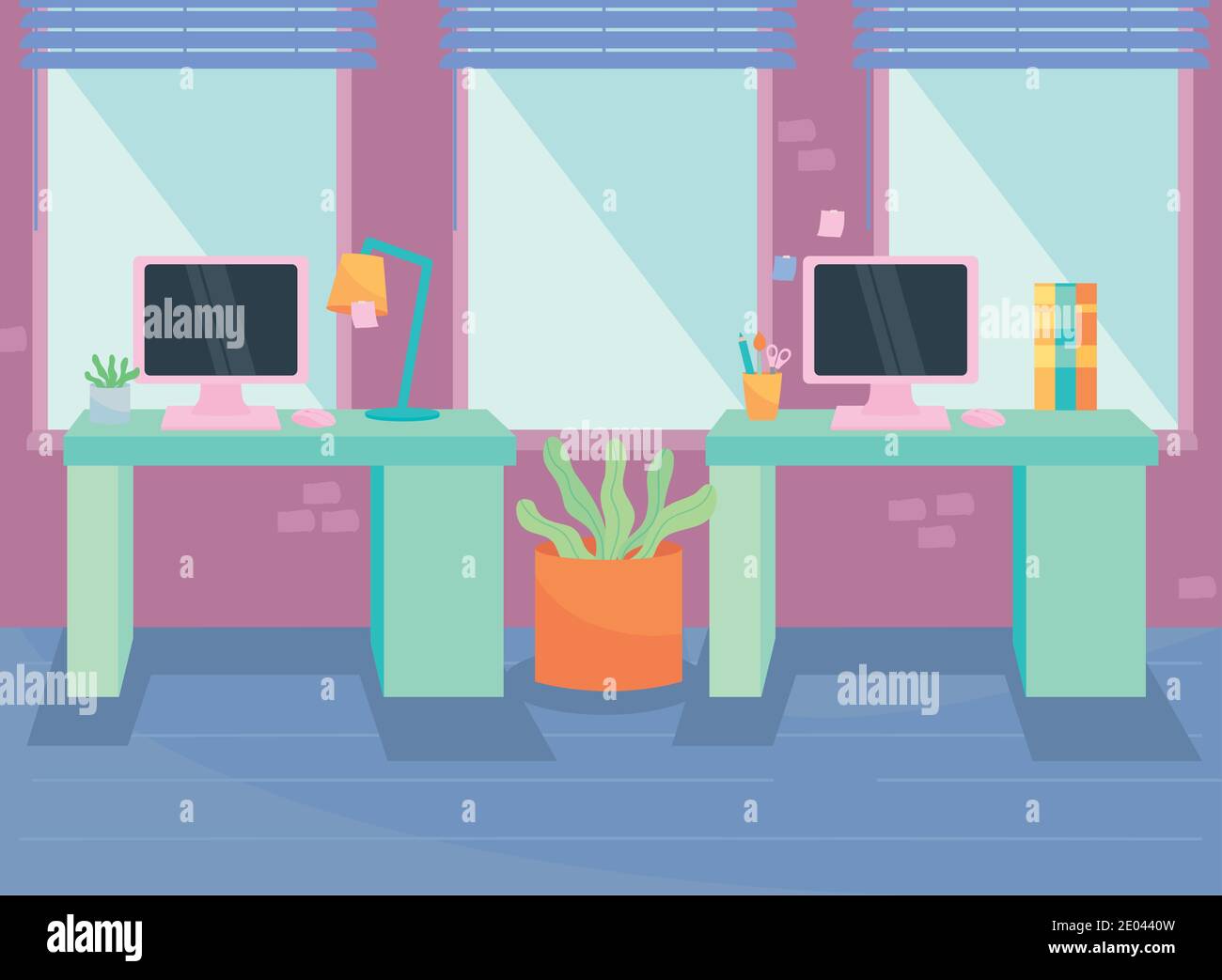 workplace with desks computers and chairs design, work office and ...