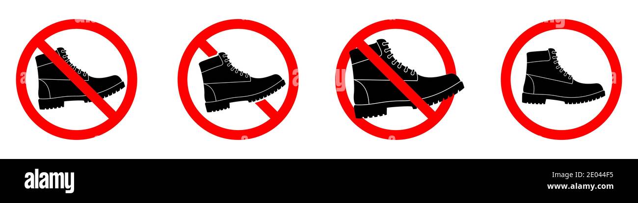 Ban boots icons. Hiking boots prohibition sign. Set of STOP signs ...
