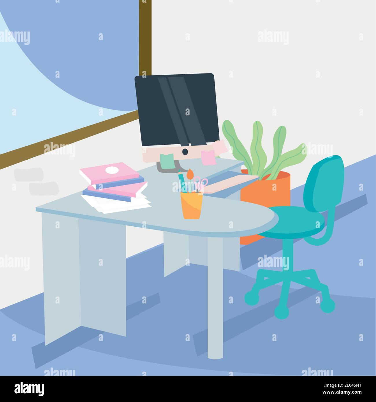 workplace with desk computer and notebooks design, work office and ...