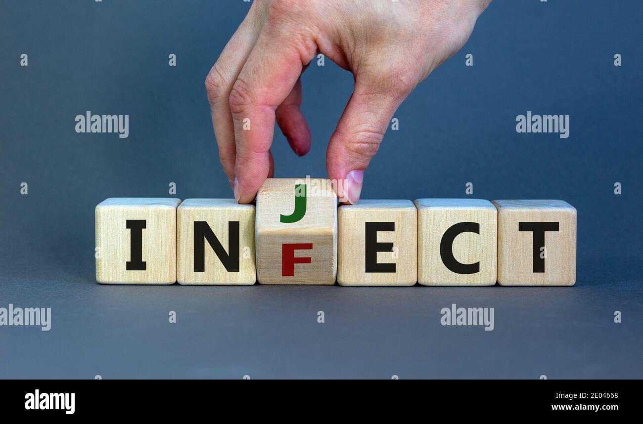 Inject, do not infect symbol. Male hand turns cubes and changes the ...