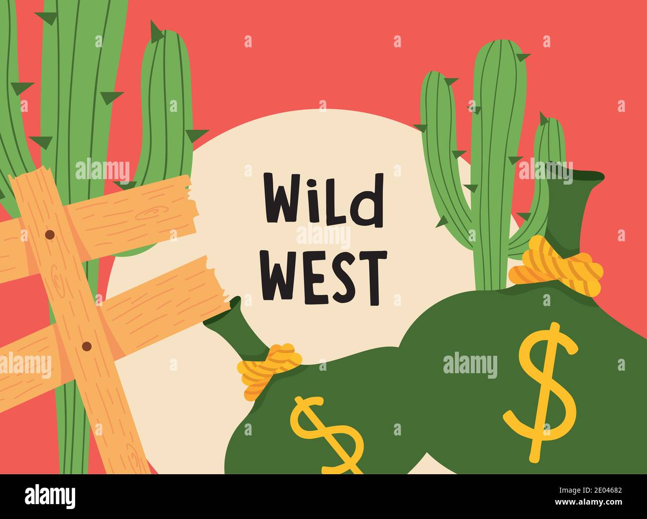 Wild west road sign money bags and cactus design, Western America and ...