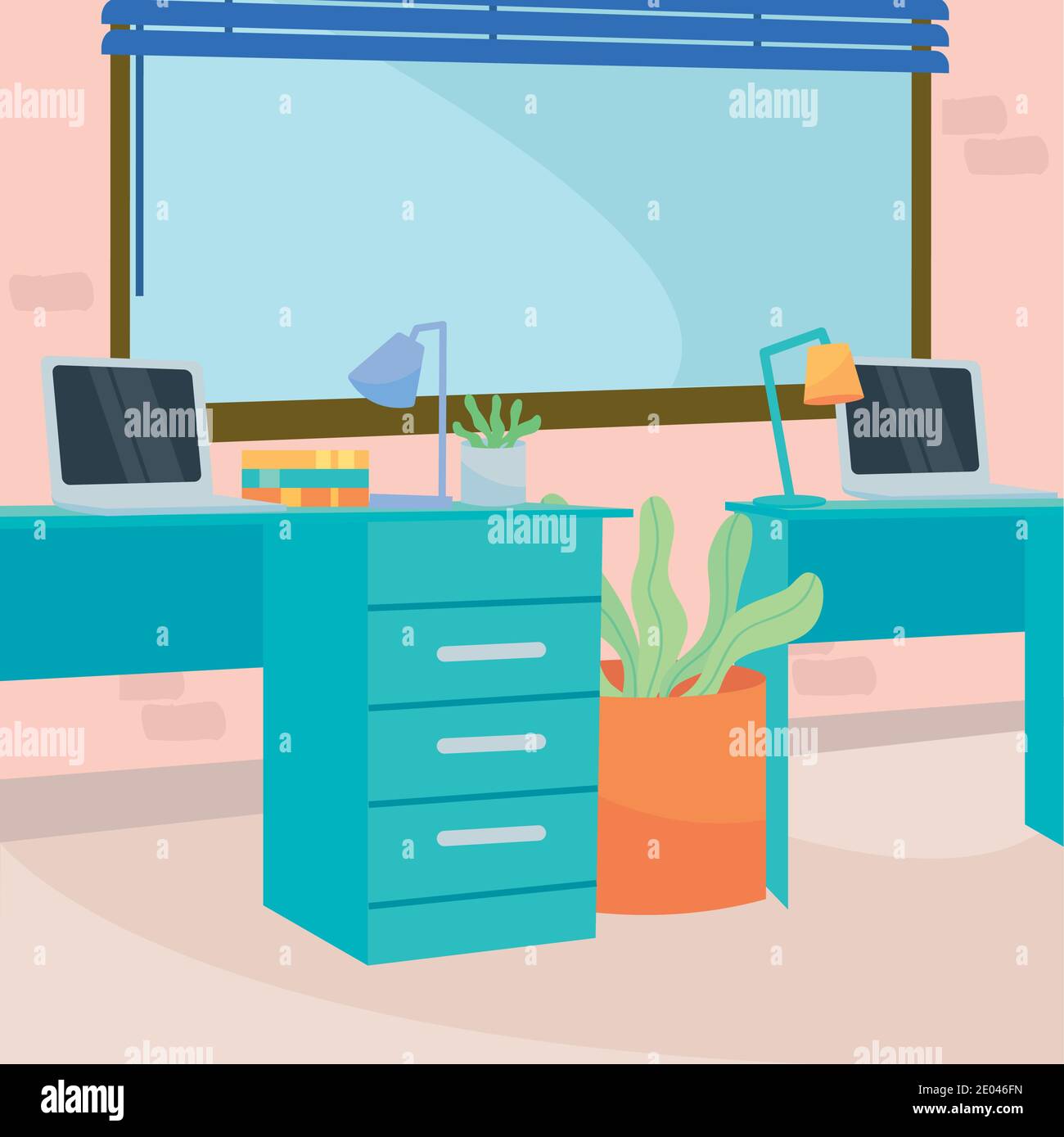 workplace with desks laptops and lamps design, work office and ...