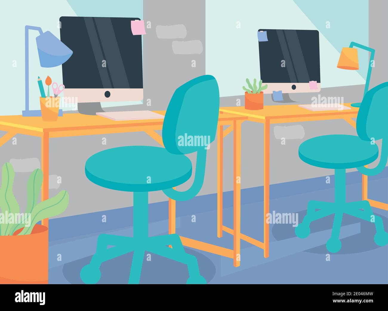 workplace with desks computers lamps and chairs design, work office and ...